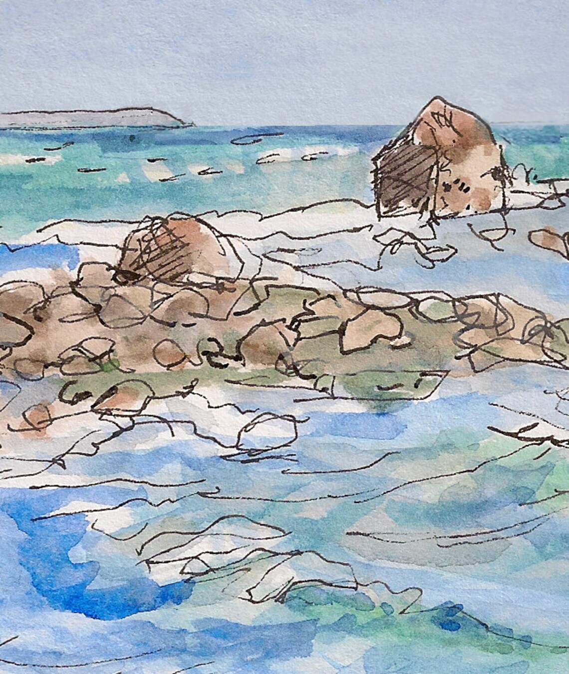 Ocean Seascape, Pen and Ink Detail, New England Beach Landscape Fine ...