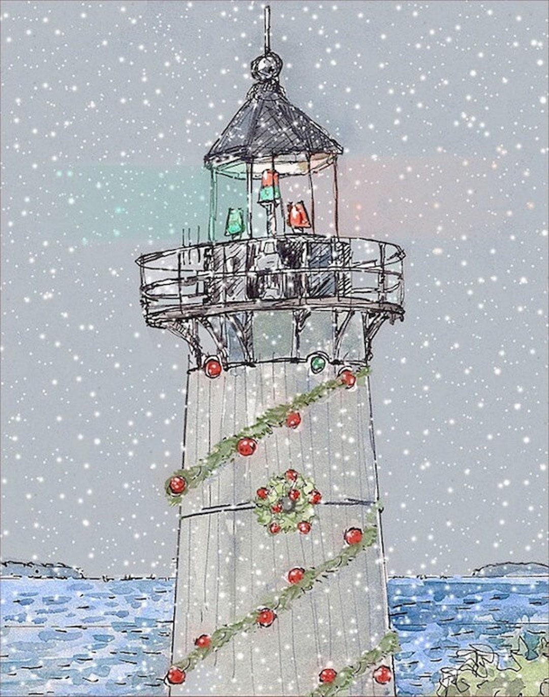 Christmas Lighthouse- Landscape Painting of Beautiful New England ...