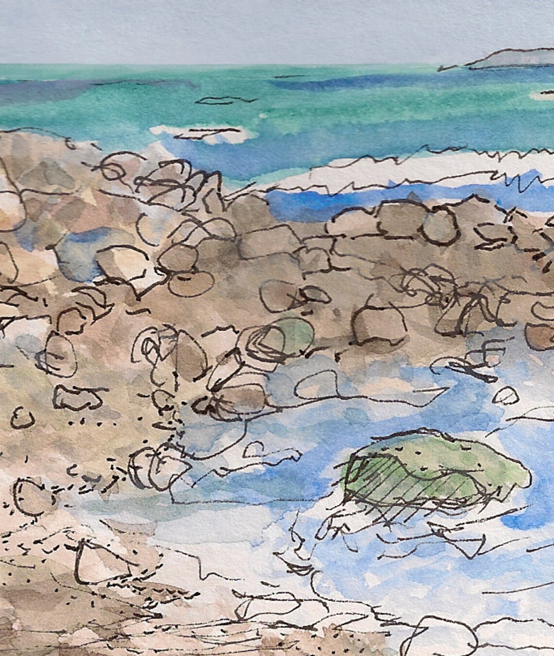 Ocean Seascape, Pen and Ink Detail, New England Beach Landscape Fine ...