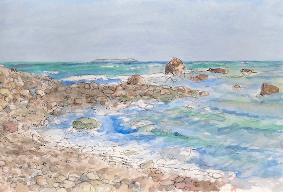 Ocean seascape pen and ink detail New England beach | Etsy