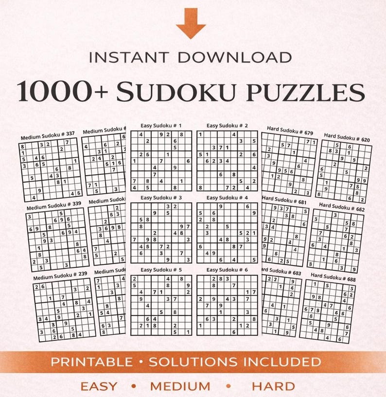 1000+ Printable Sudoku Puzzle Book: Easy, Medium, Hard Sudoku Games ...