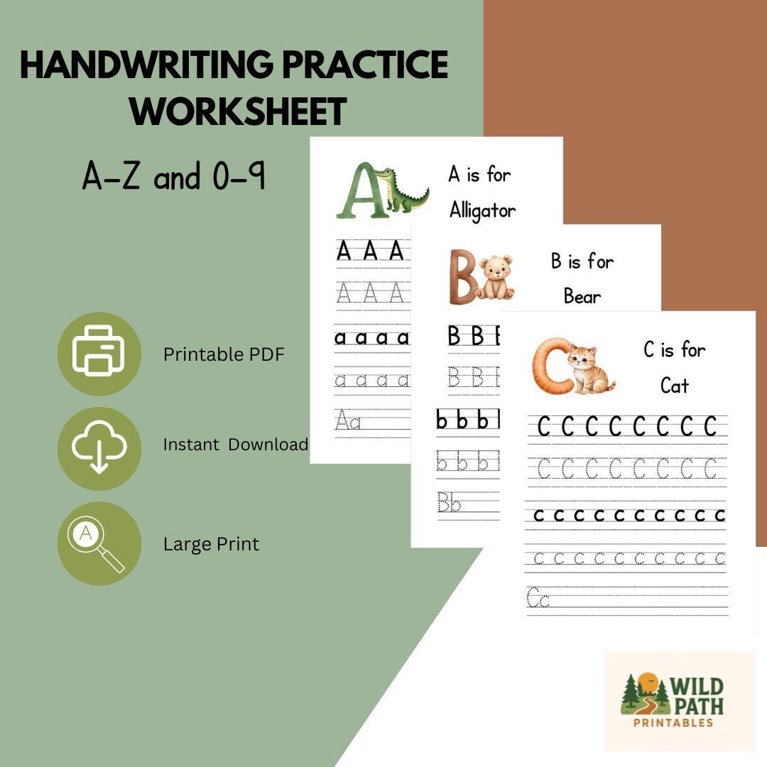 Alphabet Handwriting Practice Worksheet A-Z, 0-9 - Etsy