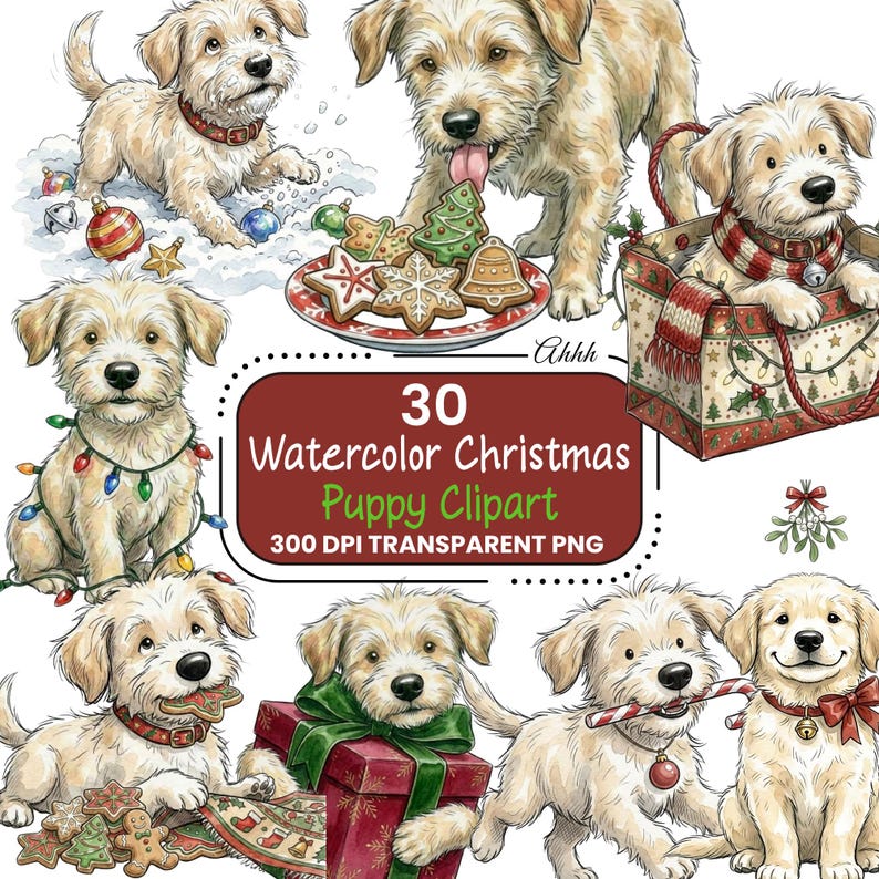 Watercolor Christmas Puppy Clipart, Holiday Dog PNG, Cute Puppy ...