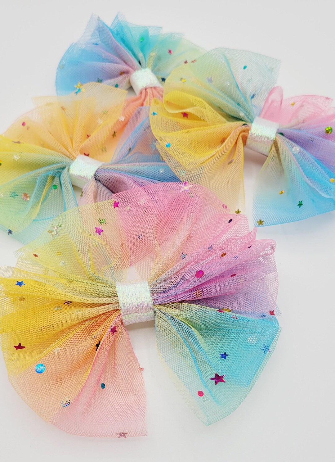 Rainbow Tulle Bow, Rainbow Color Bows, Mermaid Bow, Adorable Hair Clip ...