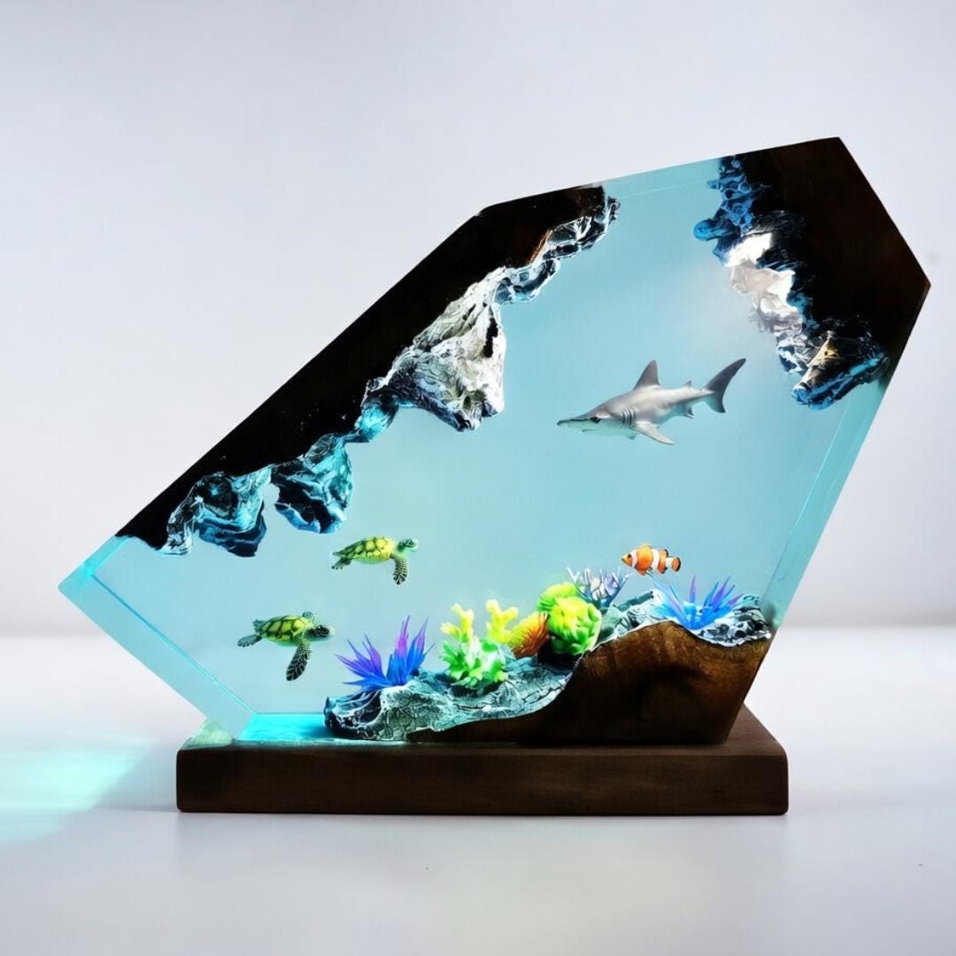 Orca & Sea Turtle Resin Lamp, Ocean Diorama Night Light, Handmade Epoxy ...