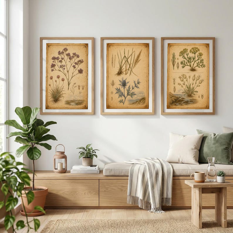 Coastal Botanical Print Set, Victorian Herbarium Wall Art Triptych, Sea ...