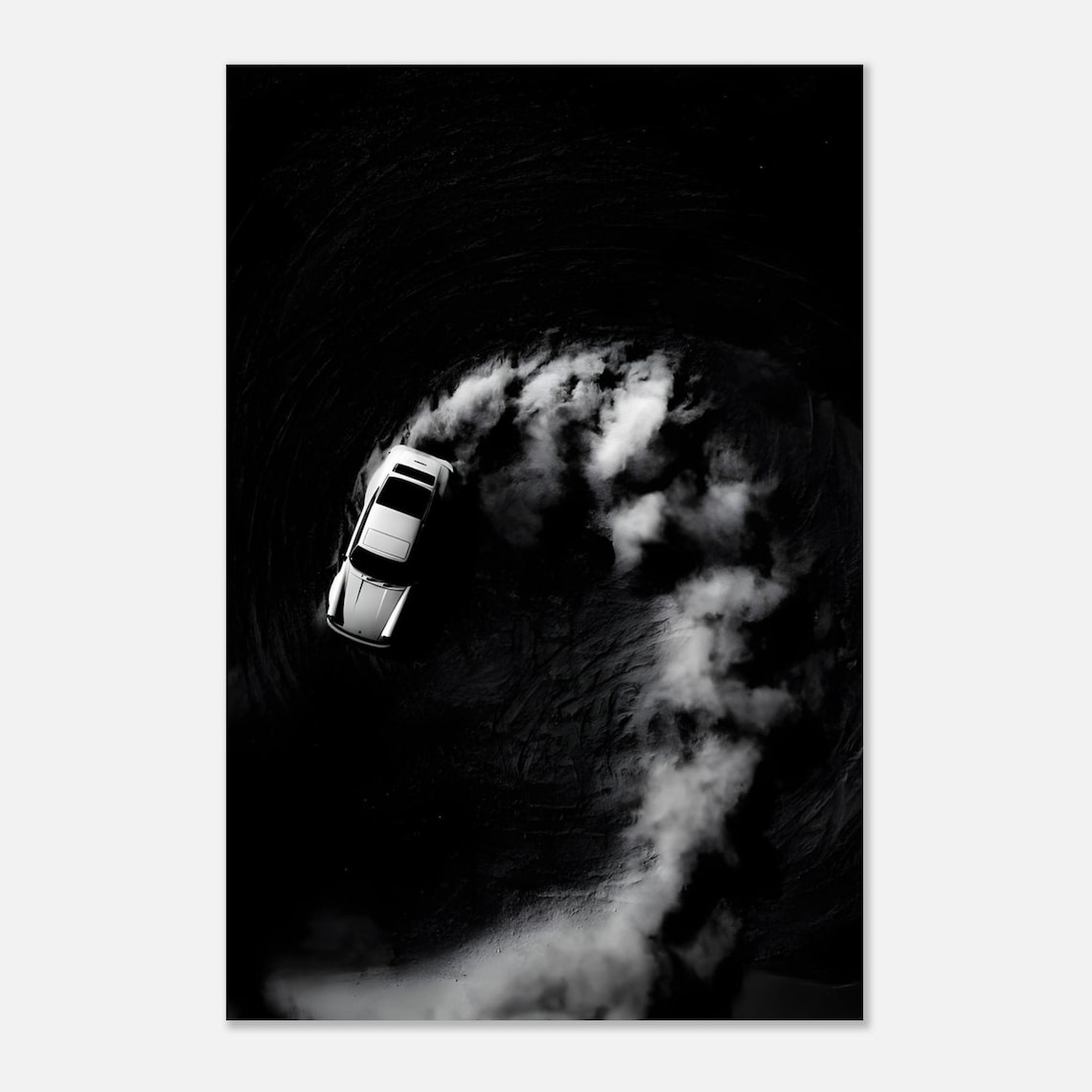 Pôster de carro de drift com fumaça | Arte em preto e branco de pista ...