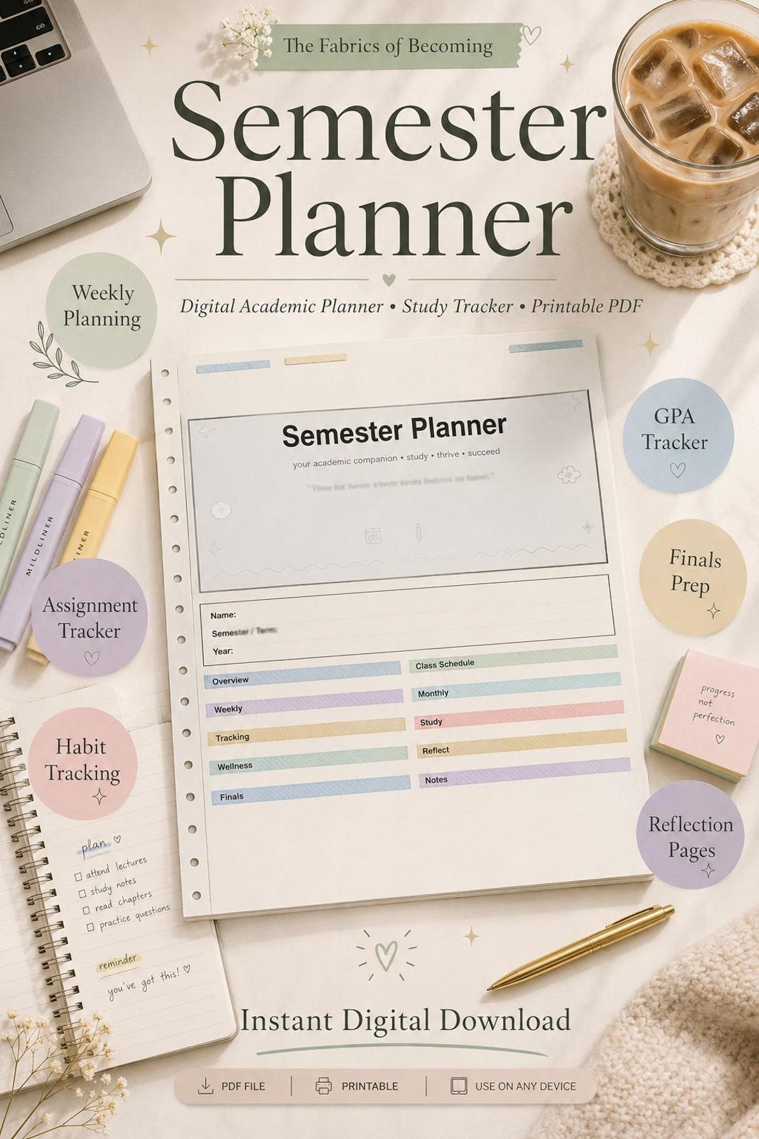 Semester Planner Printable PDF | Academic Planner Bundle | Weekly ...