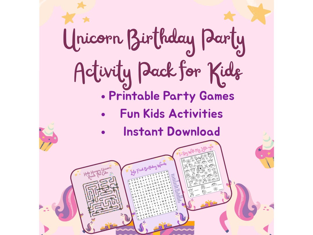 Unicorn Birthday Activity Pack, Printable Kids Party Games (digital ...