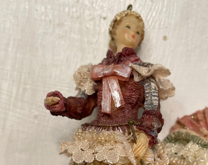 Pair Victorian Chalk Figures for Hanging on Christmas Tree Hand Painted ...