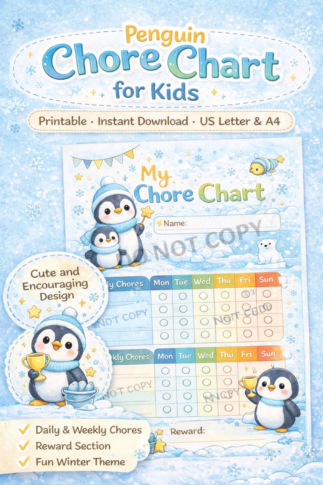 Cute Penguin Chore Chart Printable - Kids Daily Routine and Reward ...