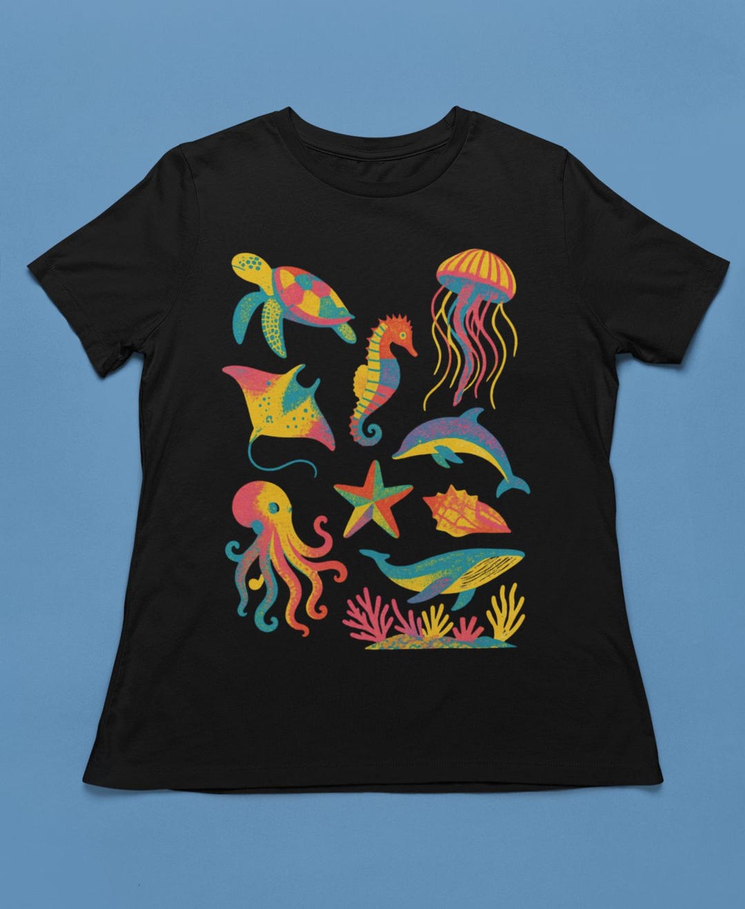 Colorful Ocean Graphic Tee, Cute Sea Creatures T-shirt, Tropical Marine ...