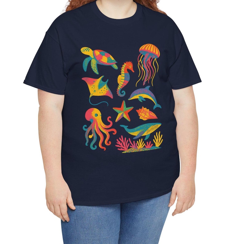 Colorful Ocean Graphic Tee, Cute Sea Creatures T-shirt, Tropical Marine ...