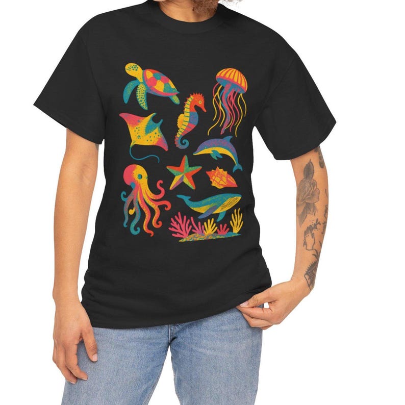 Colorful Ocean Graphic Tee, Cute Sea Creatures T-shirt, Tropical Marine ...