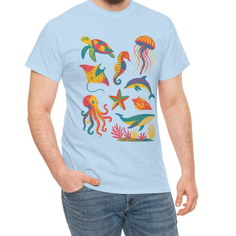 Colorful Ocean Graphic Tee, Cute Sea Creatures T-shirt, Tropical Marine ...
