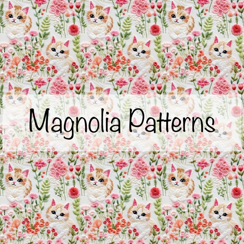 Cute Decorative Embroidery Kittens Pink Flowers Seamless Pattern ...
