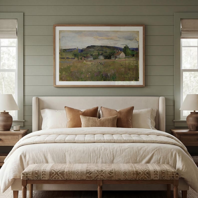 Impressionist Meadow Landscape Painting, Country Cottages Art (digital ...