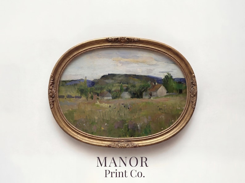 Impressionist Meadow Landscape Painting, Country Cottages Art (digital ...