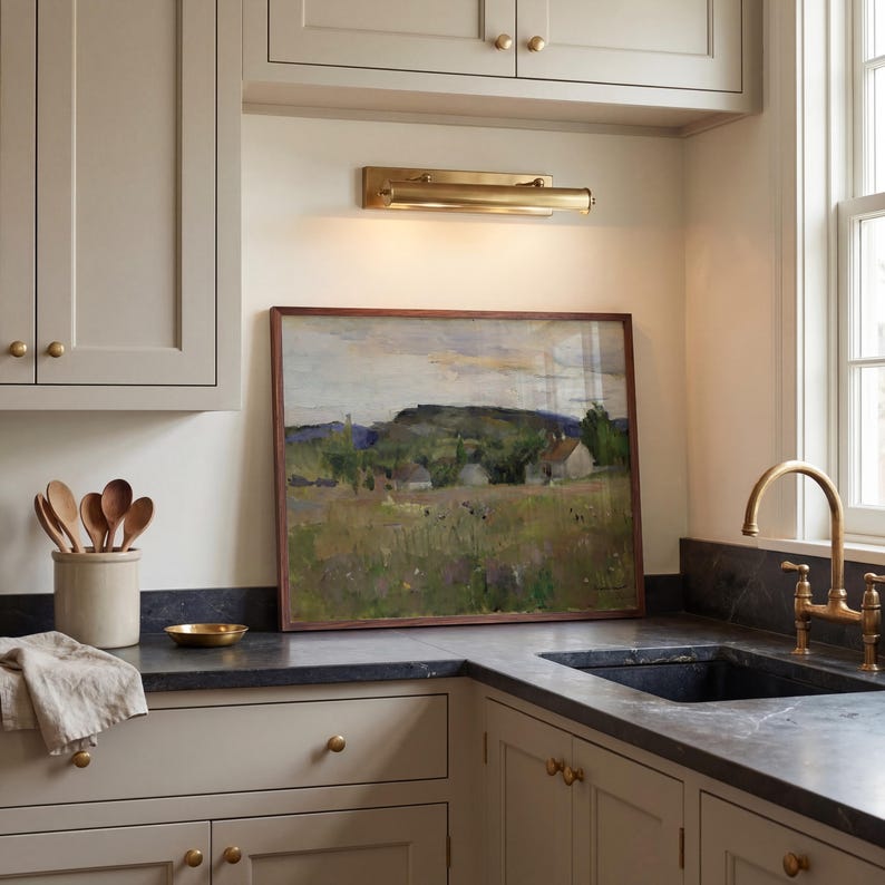 Impressionist Meadow Landscape Painting, Country Cottages Art (digital ...