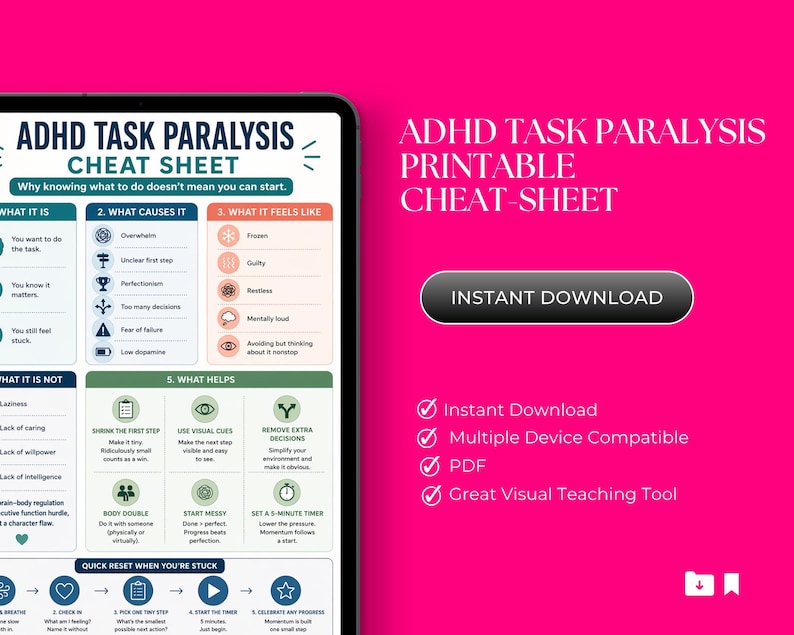ADHD Task Paralysis Cheat Sheet Printable PDF | Executive Functioning ...