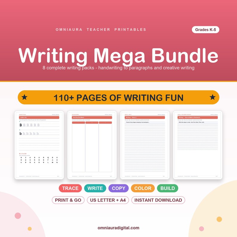 Writing Worksheets Bundle for K-5 - Handwriting, Sentences, Paragraphs ...