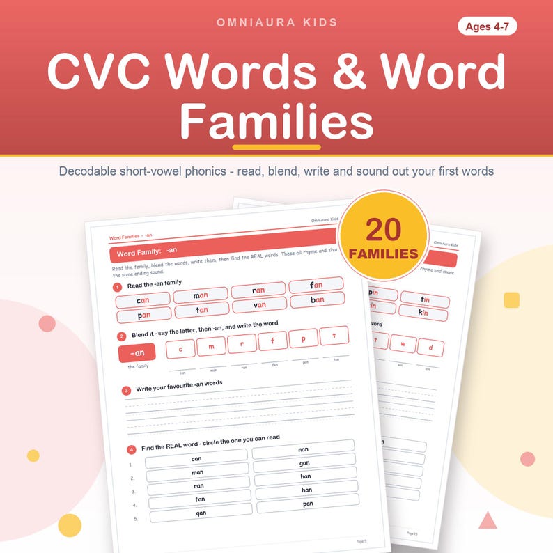 CVC Word Families Phonics Worksheets, Kindergarten Reading Practice ...