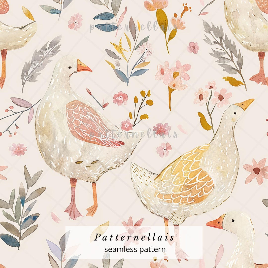 Goose Seamless Pattern Digital Paper, Floral Goose Printable, Vintage ...