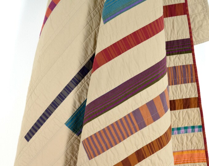 Modern Twin Quilt, Neutral Bedding, Stripe Quilt, Khaki Patchwork Quilt ...