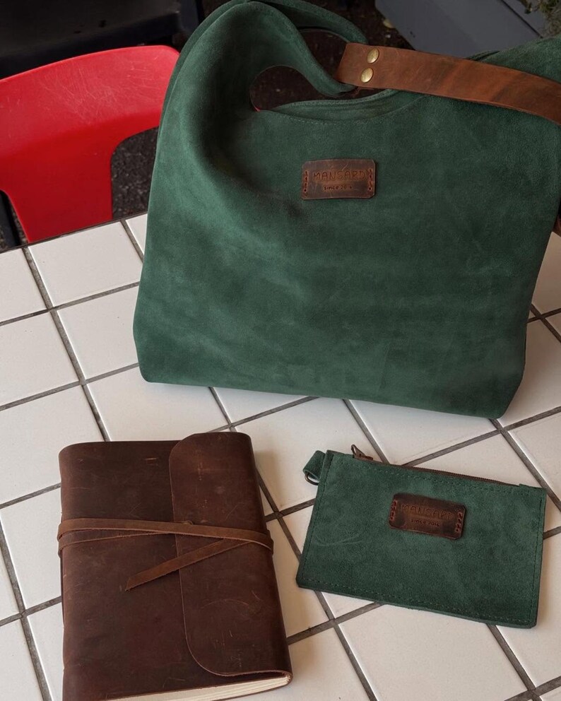 Travel Gifts, Forest Green Bag, Leather Notebook and Suede Pouch Set ...