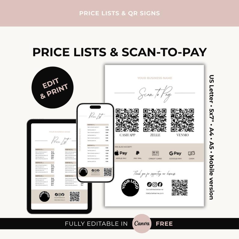 Canva Price List Template Editable Beauty Salon Pricing Menu Scan to ...