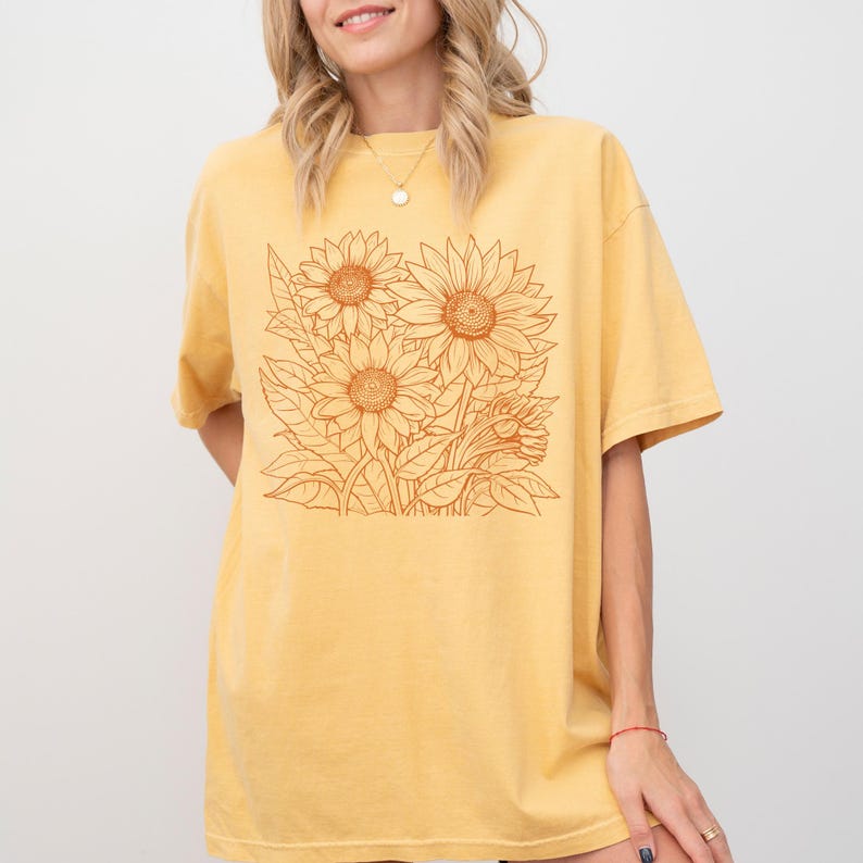 Sunflower Line Art Boxy Tee, Vintage Botanical Summer Top - Etsy