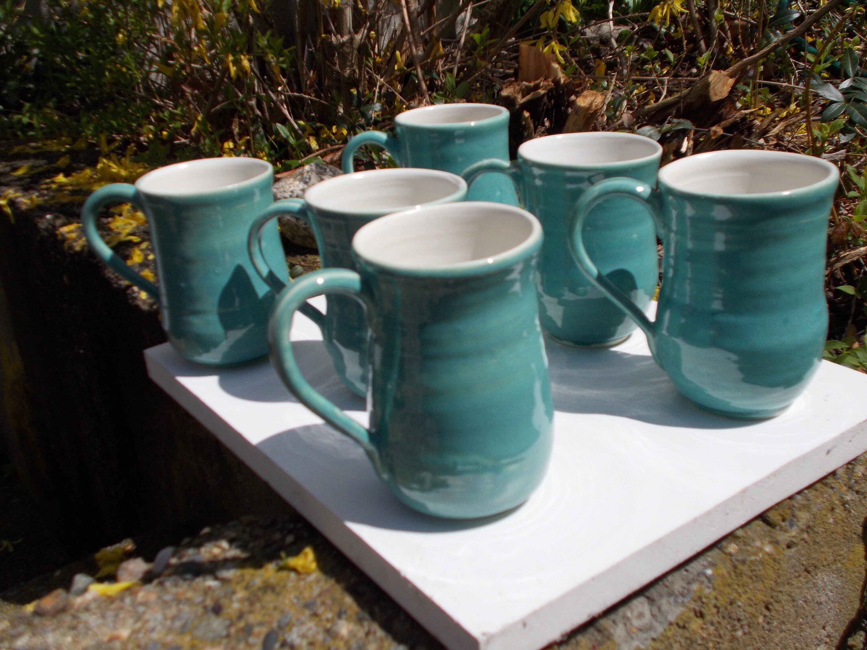 Turquoise Blue-Green set of 6 stoneware coffee tea or beer mugs or cups