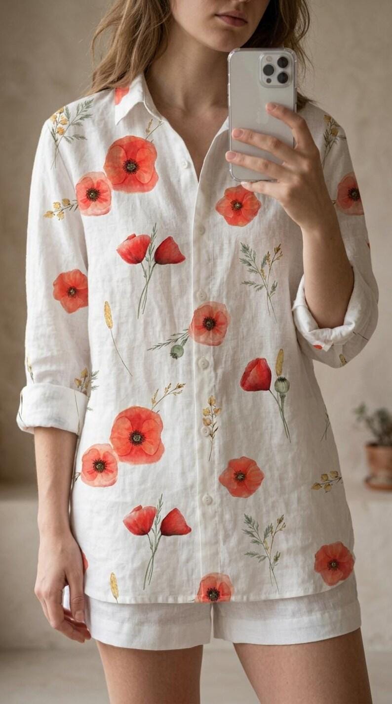 White Linen Shirt – Red Poppy Floral Watercolor Print, Oversized Button ...