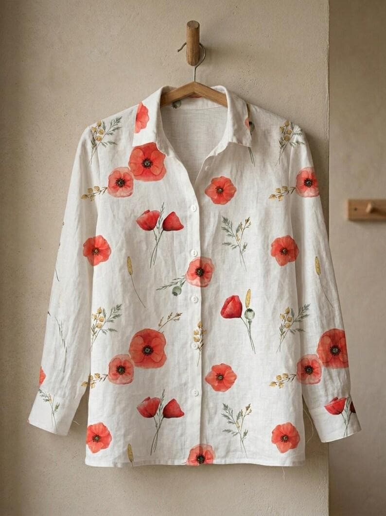 White Linen Shirt – Red Poppy Floral Watercolor Print, Oversized Button ...