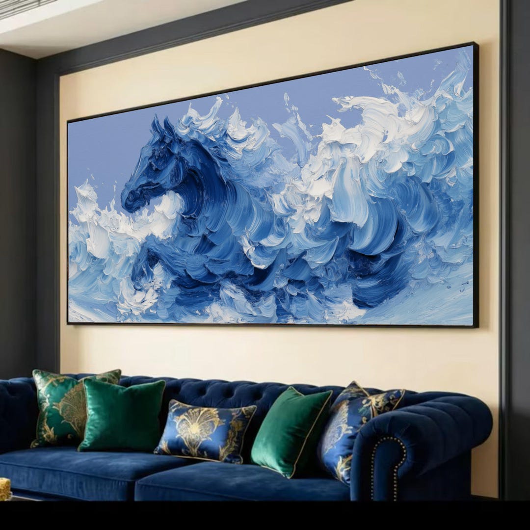 Blue Abstract Horse Canvas Art, Ocean Wave Design, Modern Animal Print ...