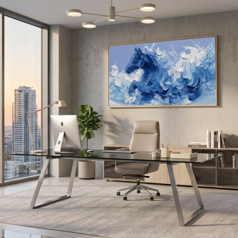 Blue Abstract Horse Canvas Art, Ocean Wave Design, Modern Animal Print ...