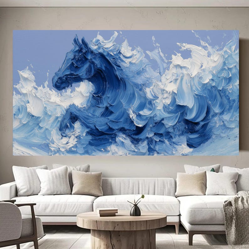 Blue Abstract Horse Canvas Art, Ocean Wave Design, Modern Animal Print ...