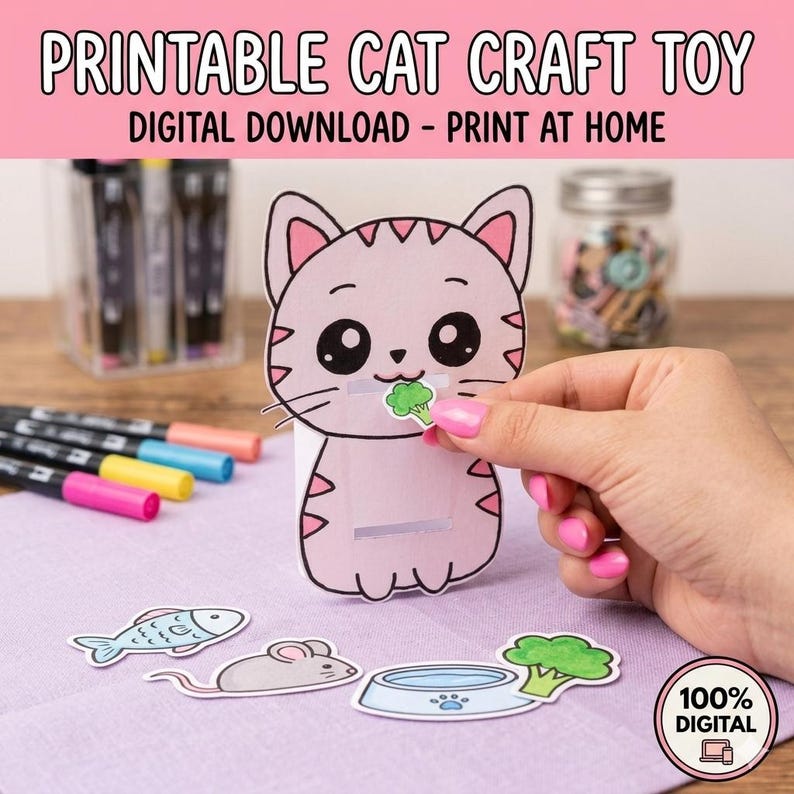 Printable Cat Craft Toy, Kitten Feeding Game, Coloring Page, Stickers ...