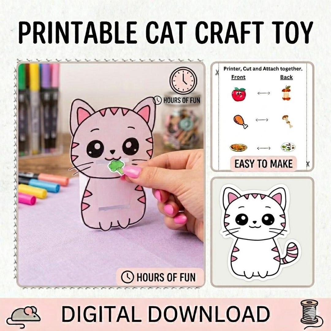 Printable Cat Craft Toy, Kitten Feeding Game, Coloring Page, Stickers ...