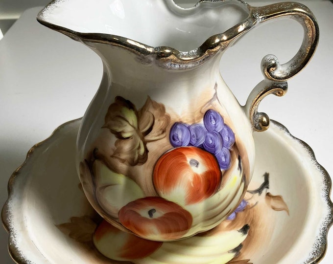Enesco Hand Painted Water Pitcher and Basin Bowl-bananas, Grapes ...