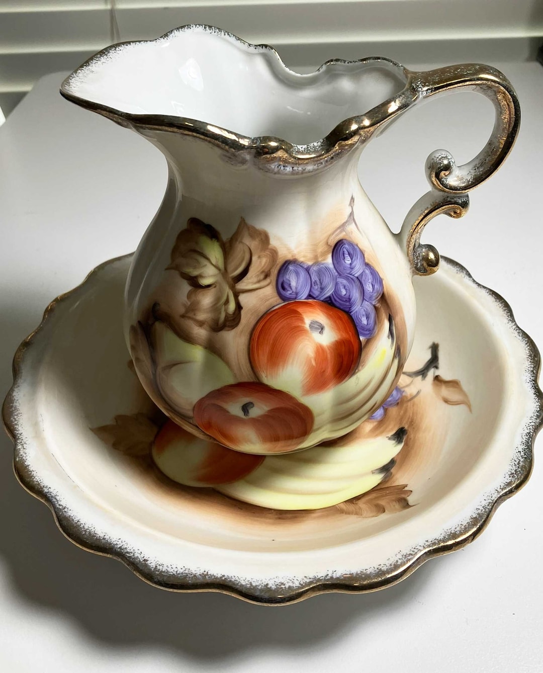 Enesco Hand Painted Water Pitcher and Basin Bowl-bananas, Grapes ...