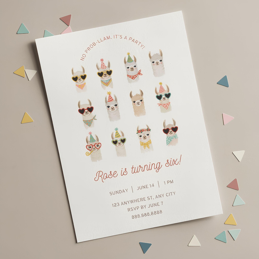 Llamas in Party Hats Birthday Invitation - (editable in Canva) - Etsy
