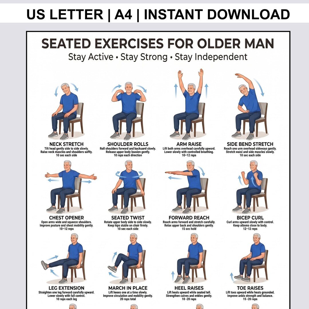 Seated Exercises for Older Men Printable – 16 Seated Exercises, Senior ...