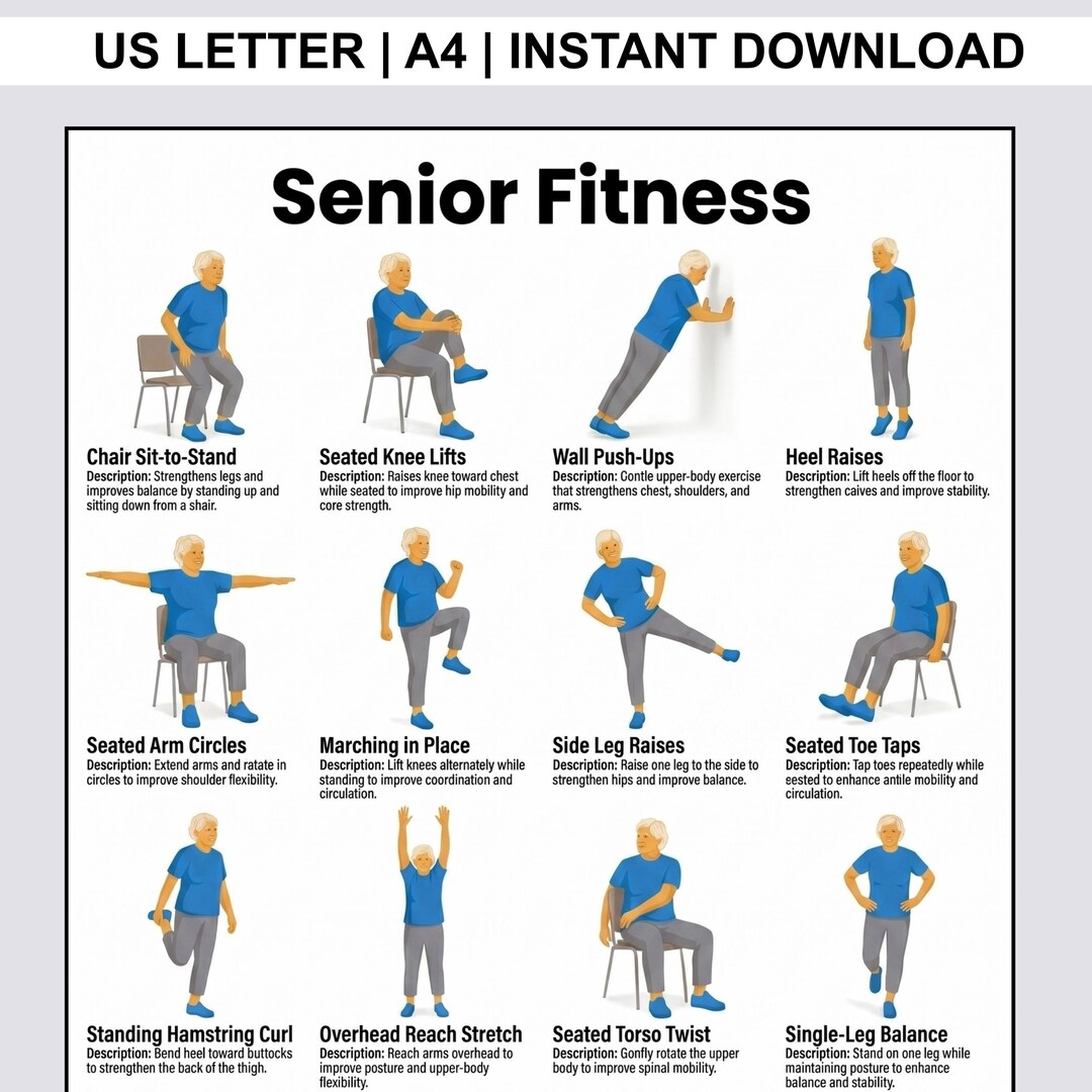 Senior Fitness Printable PDF, 16 Easy Chair & Standing Exercises for ...