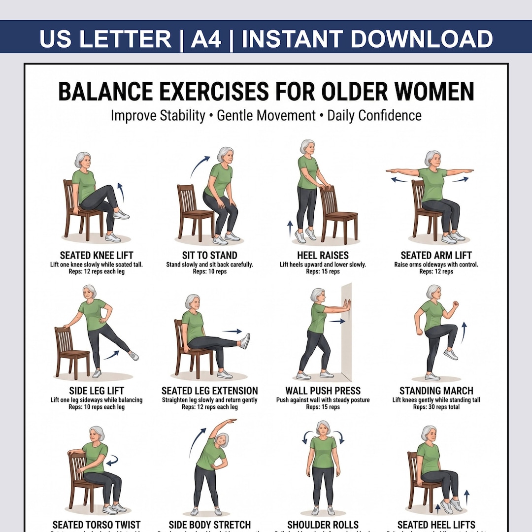 Balance Exercises for Older Women Printable | 16 Stretch & Mobility ...