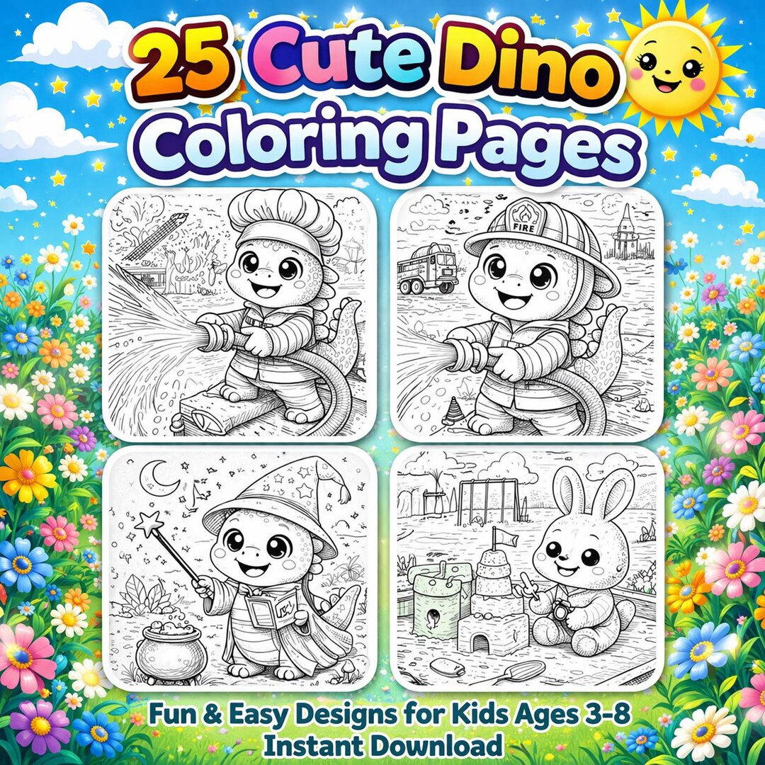 Cute Dino Coloring Book Kids | 25 Dinosaur Jobs Pages PDF | Ages 3-8 ...
