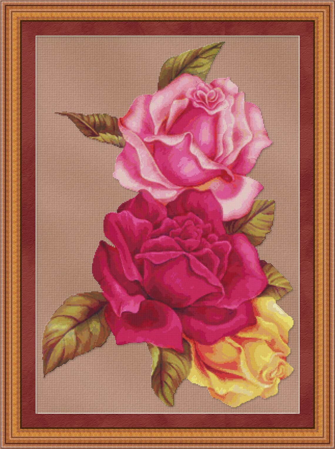 Cross Stitch Pattern Rose Trio (large) Red, Pink, Yellow Roses Instant ...