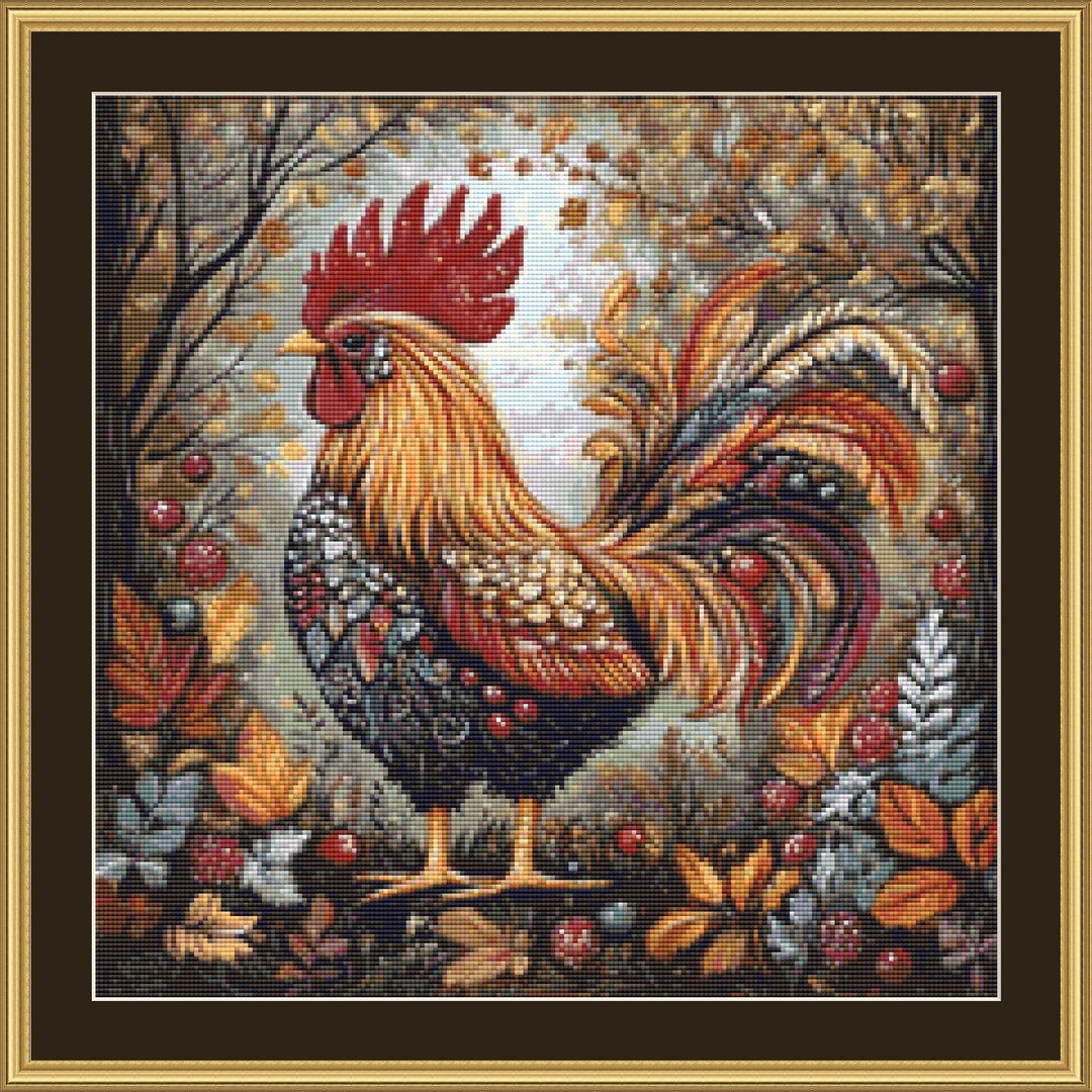 Fall Rooster Cross Stitch Pattern - Autumn Colors Needlework Design ...