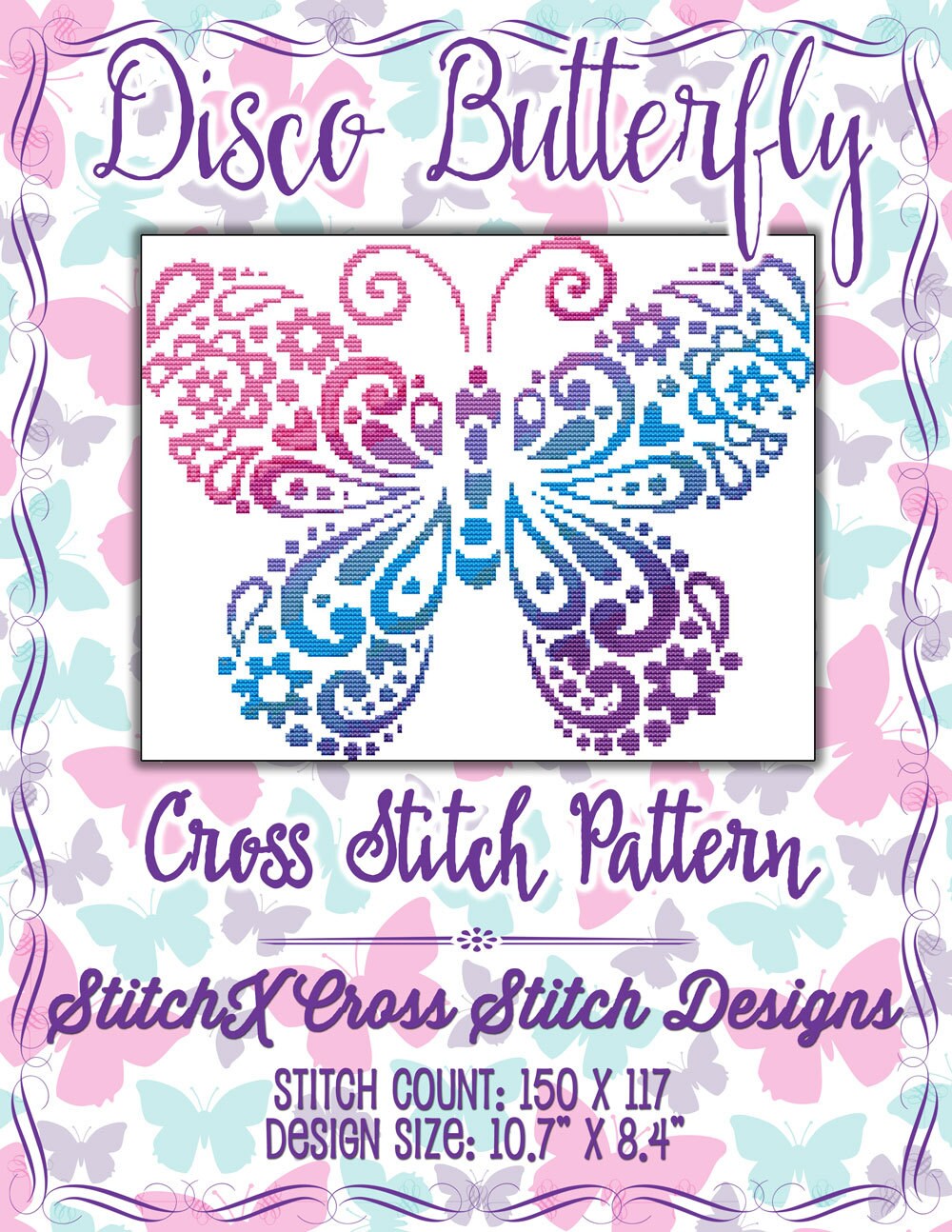 Disco Butterfly Cross Stitch Pattern Vivid Colors Pink Blue - Etsy UK