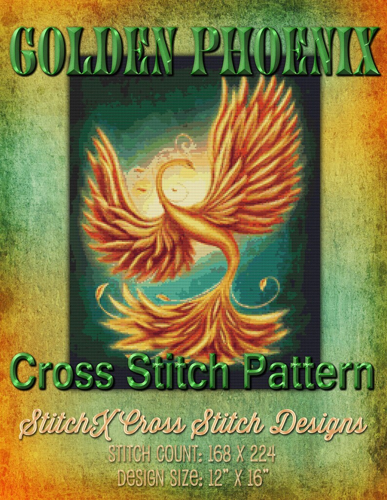 Golden Phoenix Cross Stitch Pattern Fantasy Dragon Bird Design Instant ...